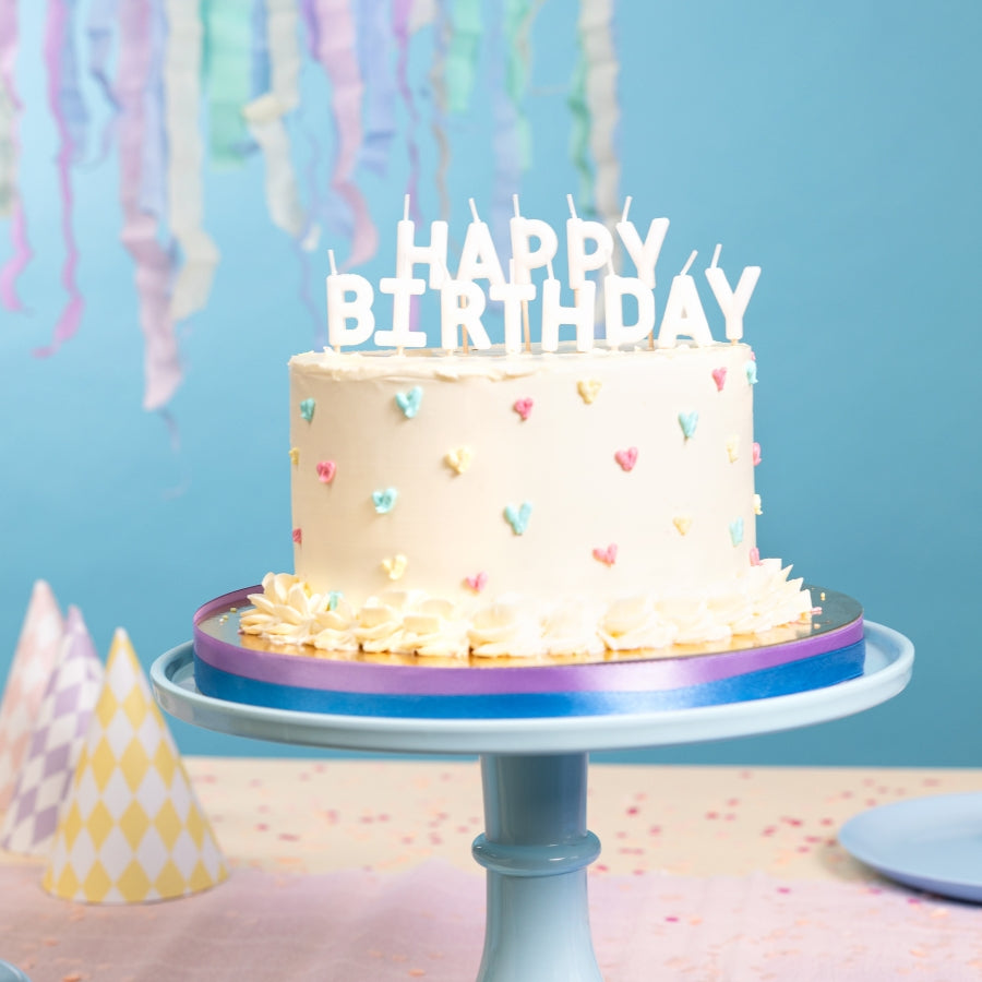 Set lumanari albe pentru tort aniversar, in forma de litere - Happy bi ...
